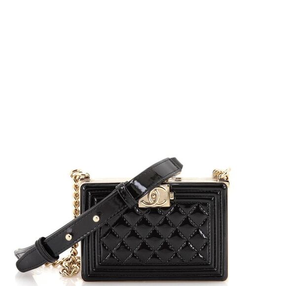 CHANEL | Bags | Chanel Boy Chain Box Minaudiere Quilted Patent Black ...